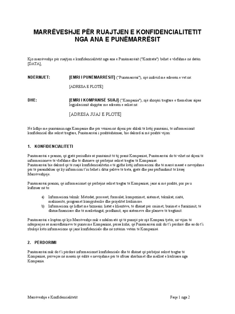 Marreveshja e Konfidencialitetit Ne Lidhje Me Punesimin | PDF