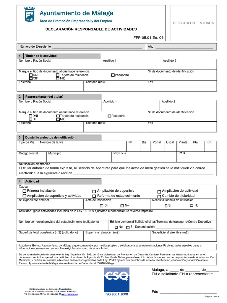 Impreso Municipal Declaracion Responsable Actividad Malaga | PDF
