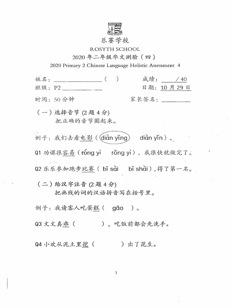 P2 Chinese SA2 2020 Rosyth Exam Papers | PDF