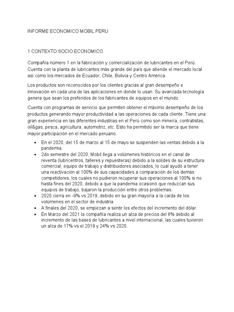 Informe Económico Mobil Perú 2020-2021 | PDF | Mercado (economía) | Perú