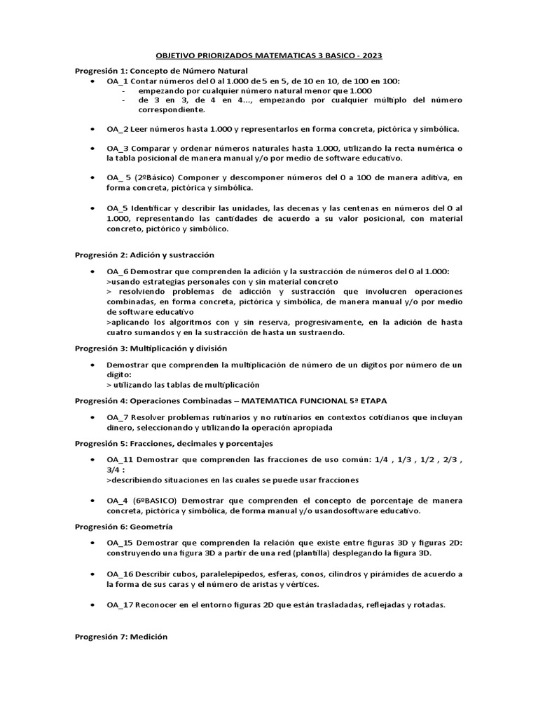 Objetivo Priorizados Matematicas 3 Basico | PDF | Sustracción | Matemáticas