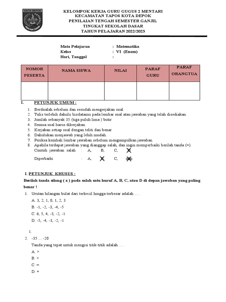 Soal Pas MTK KLS 6 2022-2023 | PDF