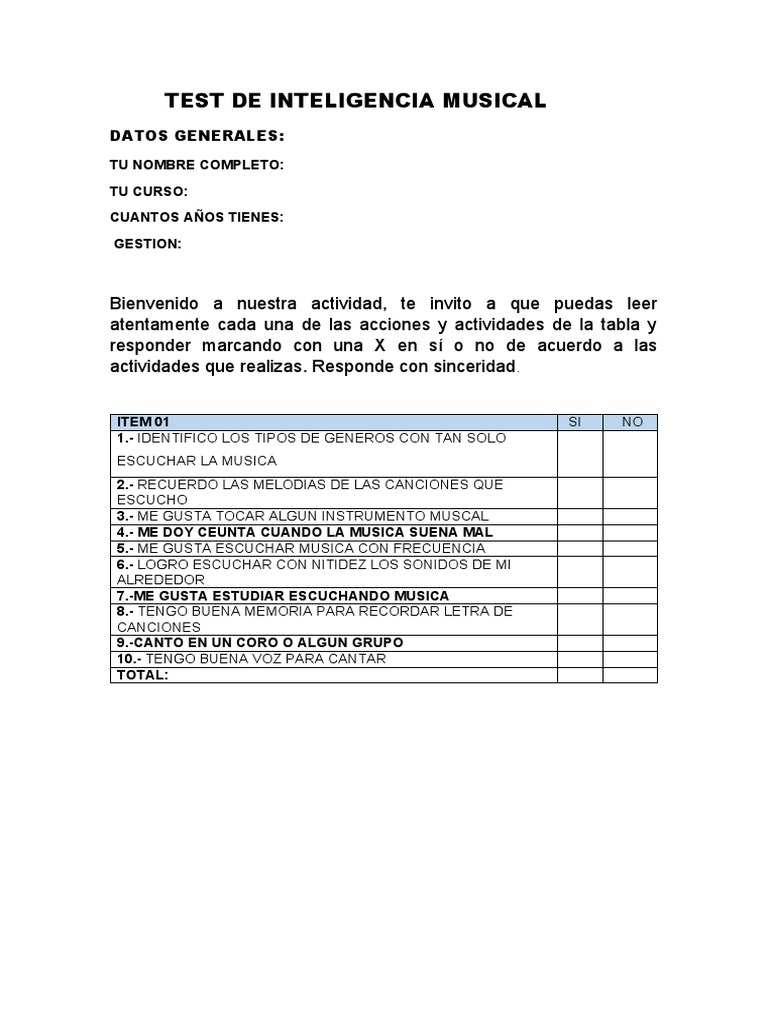 Test de Inteligencia Musical Infantil | PDF