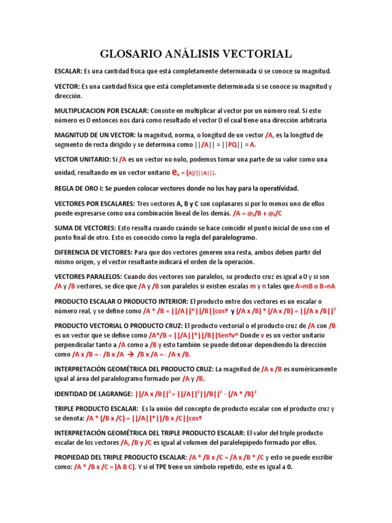 Glosario de Análisis Vectorial | PDF | Vector Euclidiano | Escalar (Matemáticas)