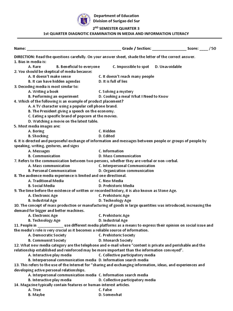 Diagnotic Test 1st Quarter MIL | PDF