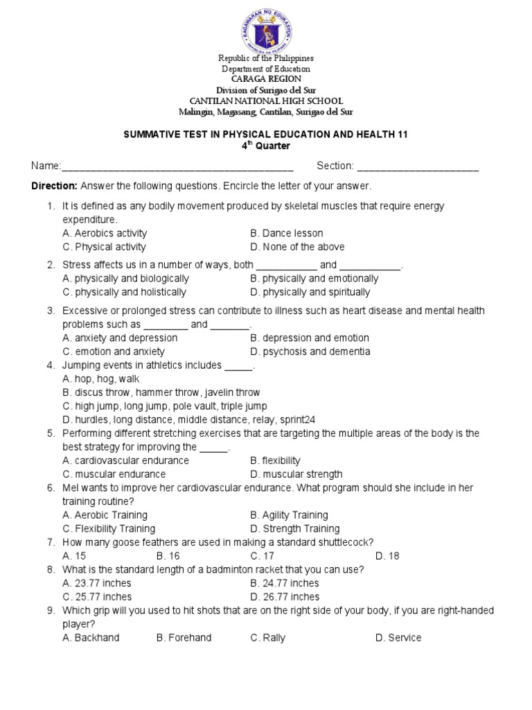 Summative Exam in PE 11 4th Quarter | PDF