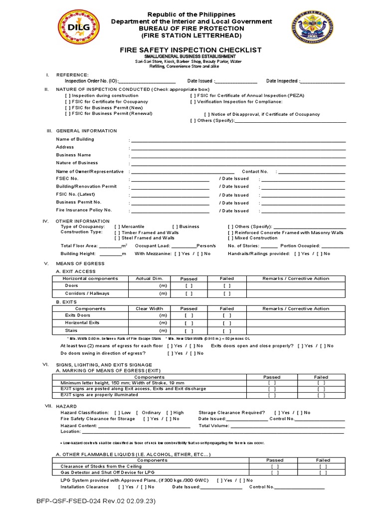 FSED 24F Fire Safety Inspection Checklist Small General Business ...