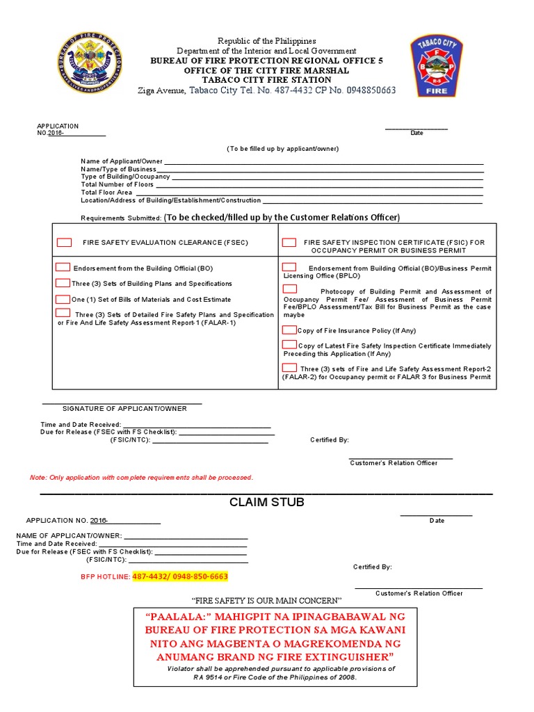 BFP Fire Safety Application Form | PDF | Fire Safety
