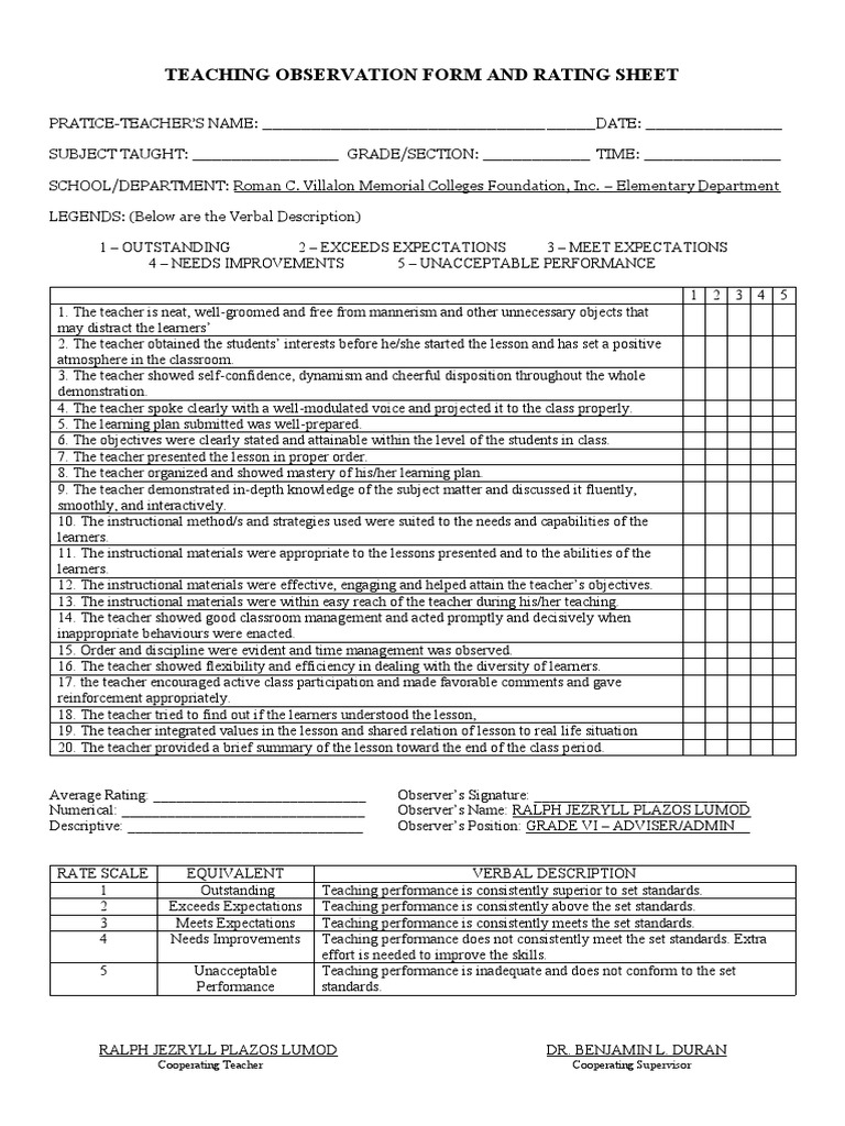 Teaching Observation Form and Rating Sheet | PDF | Teachers | Learning