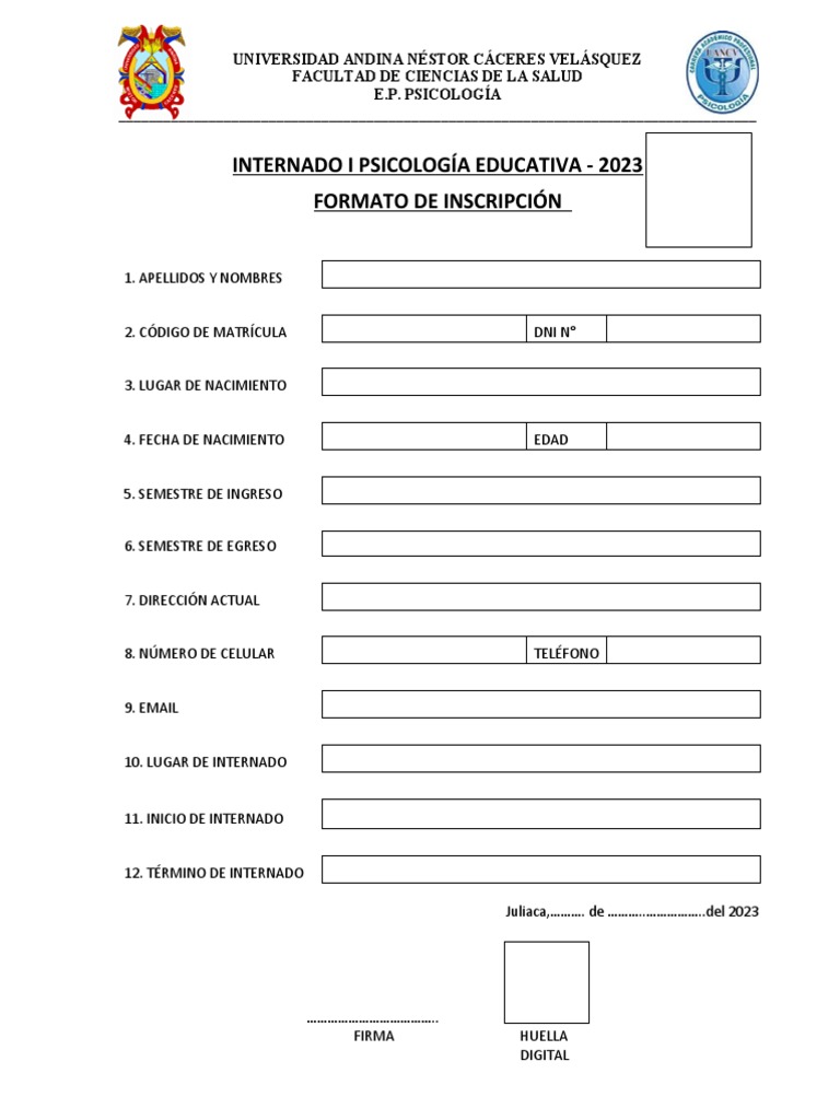 FORMATO INSCRIPCION INTERNADO 1 | PDF