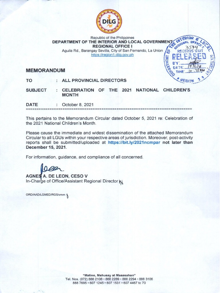 Memo - Celebration of The 2021 National Children's Month | PDF