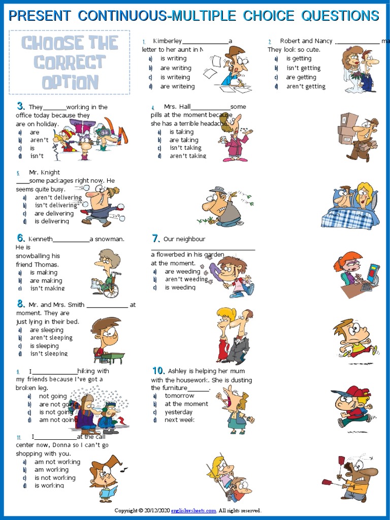 Present Continuous Tense Esl Printable Multiple Choice Questions ...