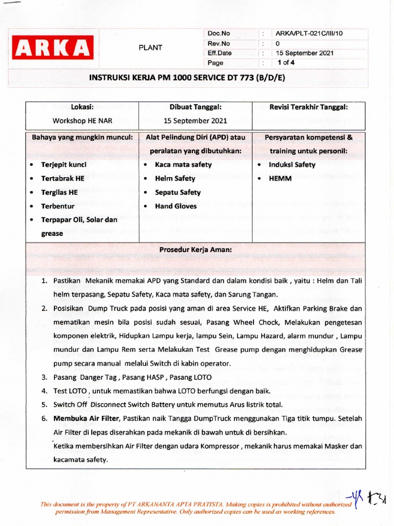 Instruksi Kerja PM 1000 Service DT 773 B D E - ARKA-PLT-021C-III-10 | PDF
