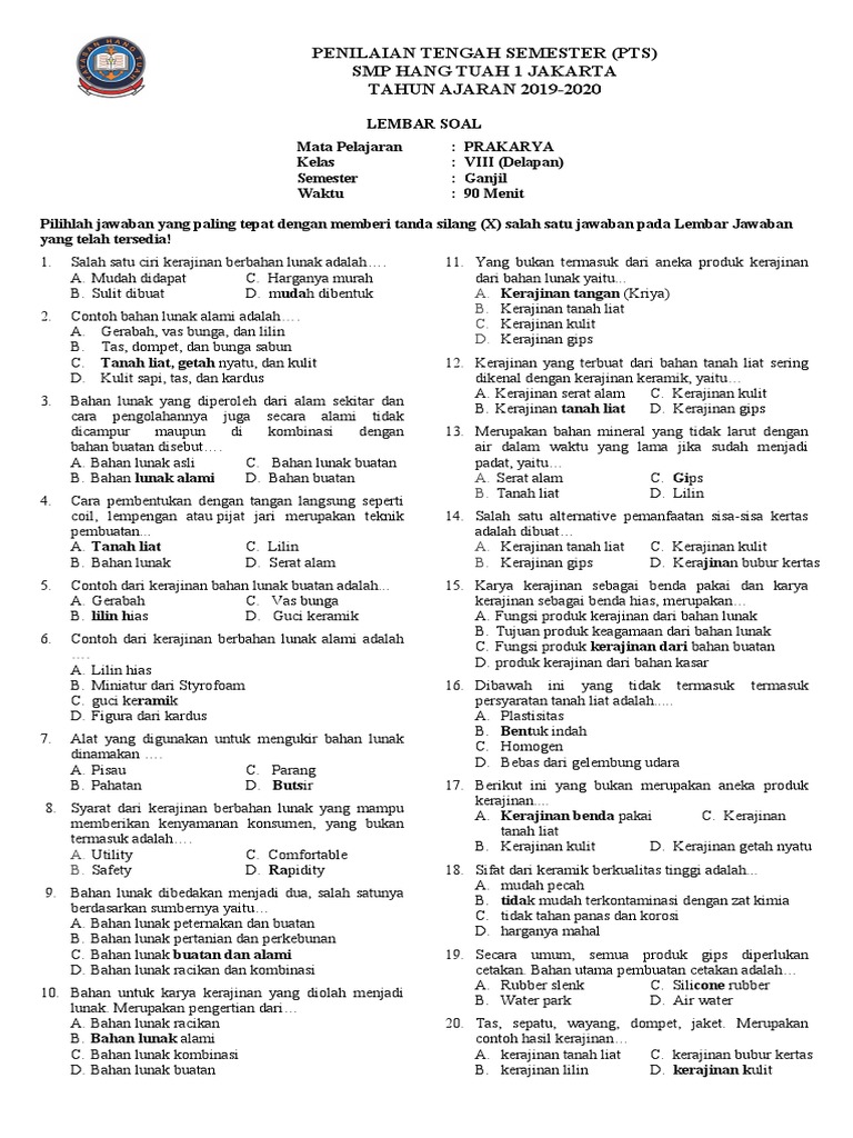 SOAL PTS Ganjil PRAKARYA Kelas VIII '19 | PDF