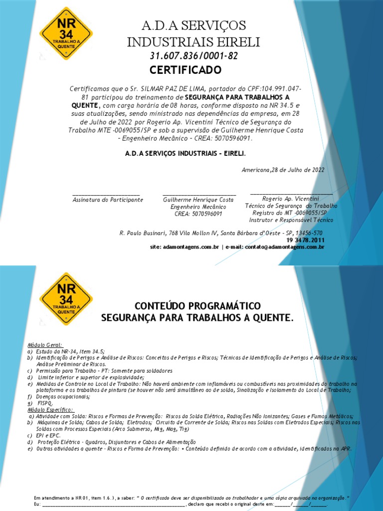 Certificado NR-34 - Modelo | PDF | Ciências Físicas