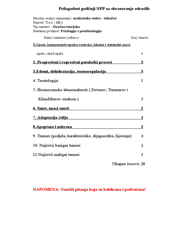 Patologija I Patofiziologija Pitanja 3 Godina | PDF