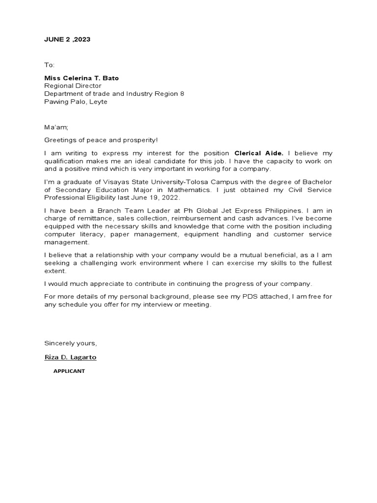 APPLICATION LETTER For Clerical Aide | PDF