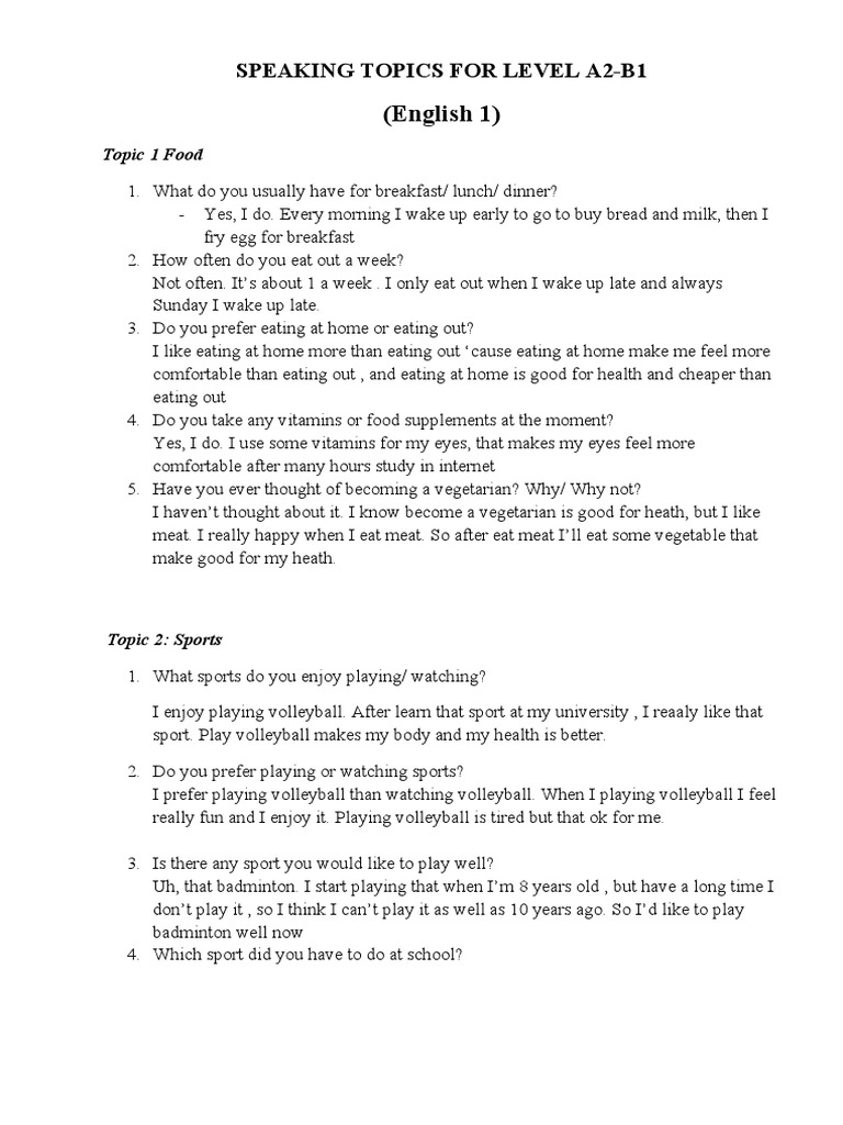 A2-B1 Speaking Topics Guide | PDF