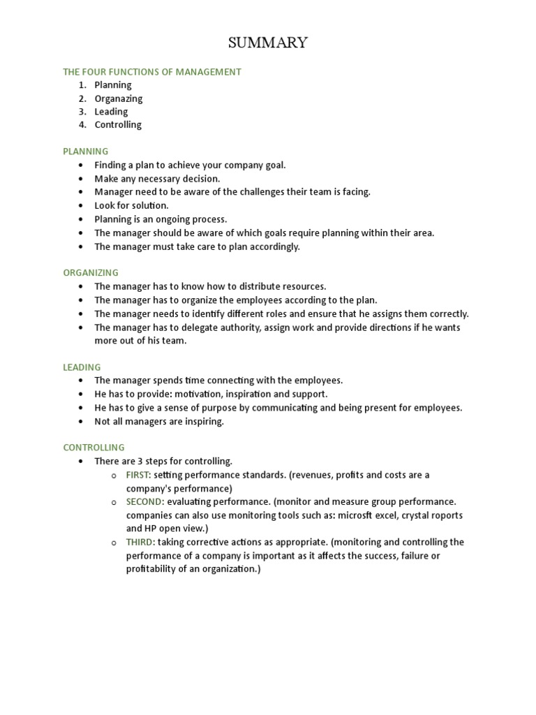 Summary The 4 Functions of Management | PDF