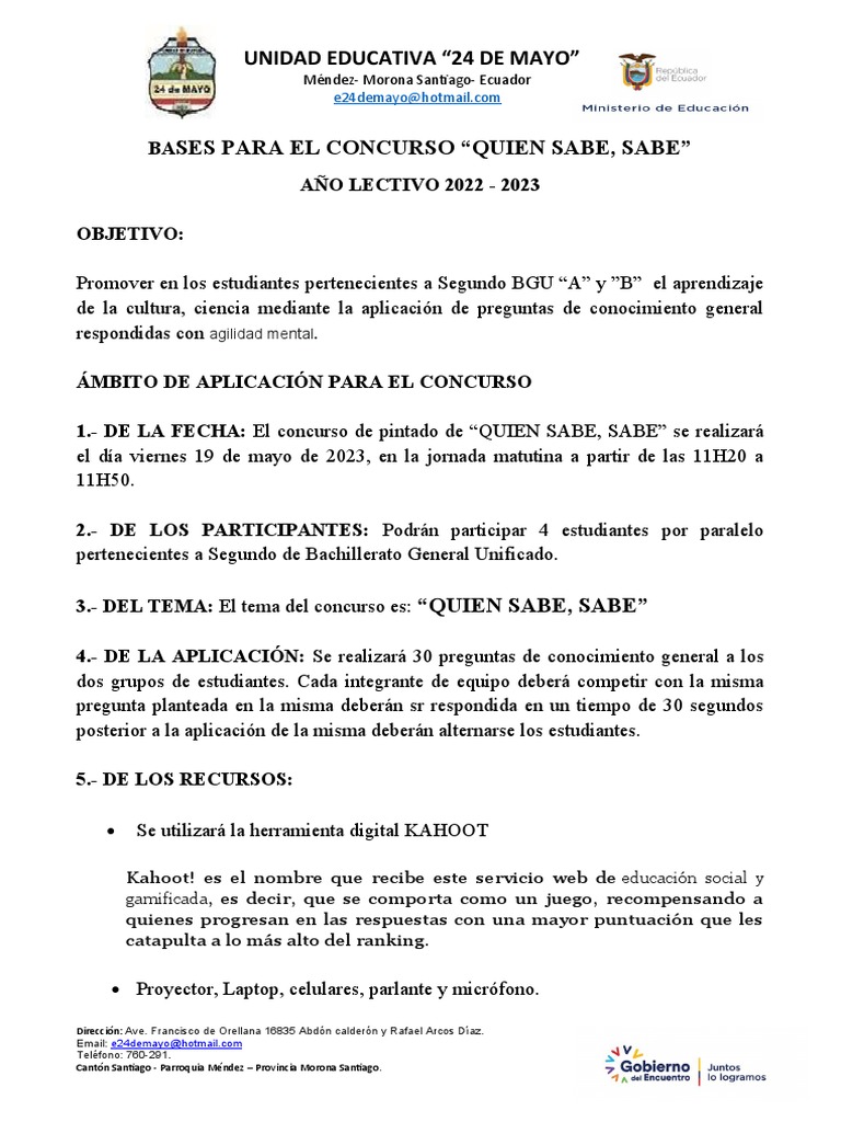 Bases para El Concurso de Quien Sabe, Sabe | PDF