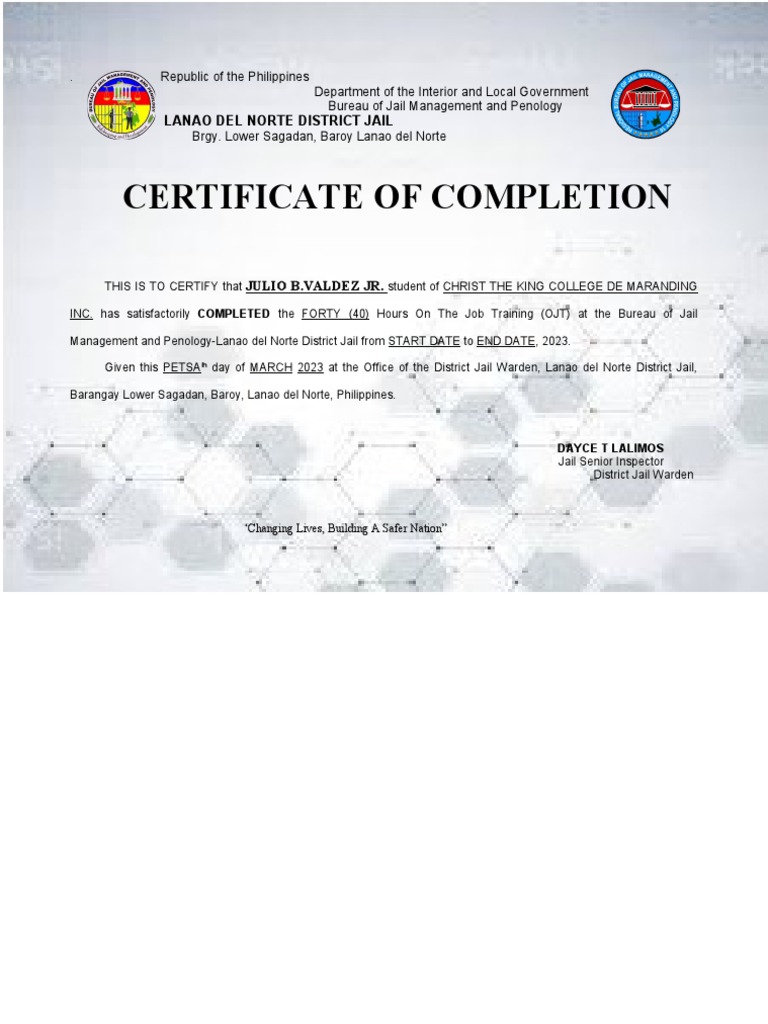 OJT Completion Certificate for Julio Valdez Jr. | PDF