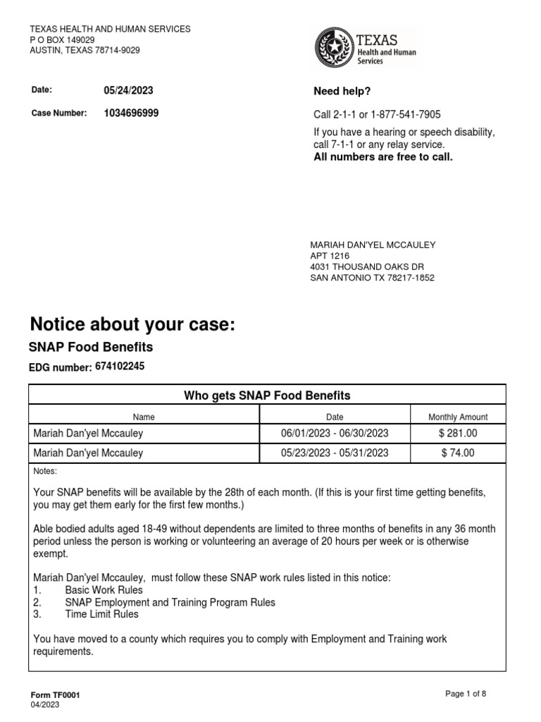 Notice About Your Case:: SNAP Food Benefits | PDF