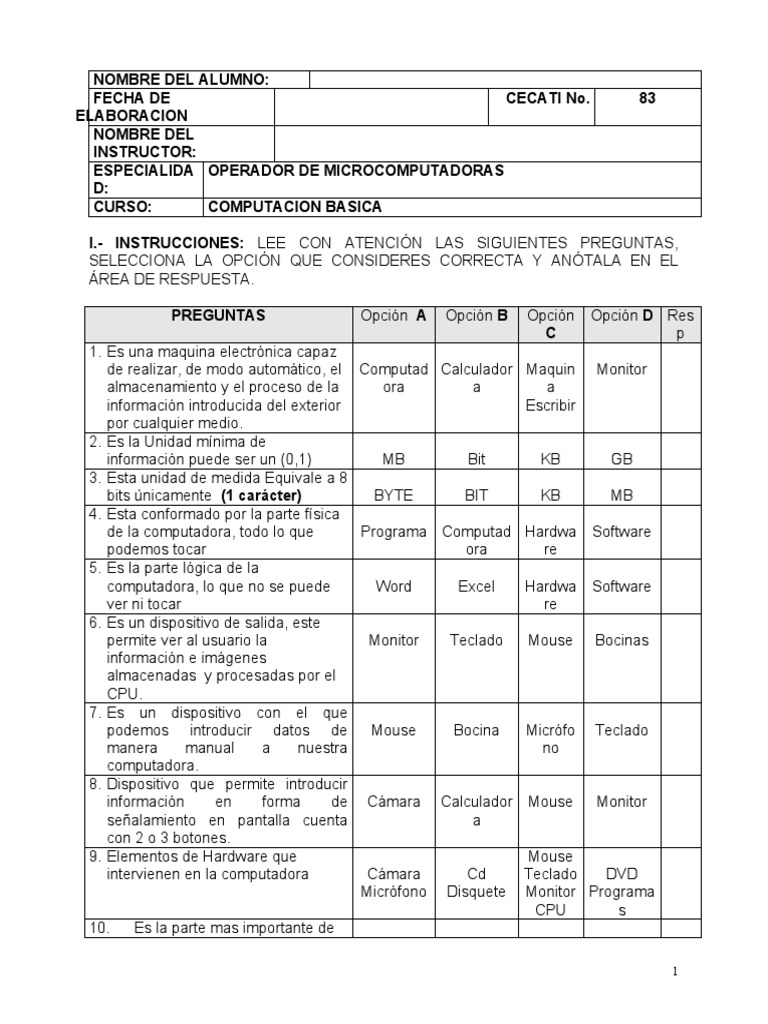 Examen de Computacion Basica Teorico | PDF