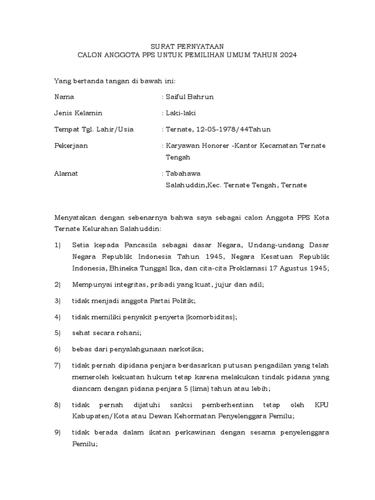Surat Pernyataan KPPS | PDF