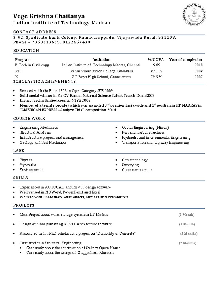 Vege Krishna Chaitanya: Indian Institute of Technology Madras | PDF ...