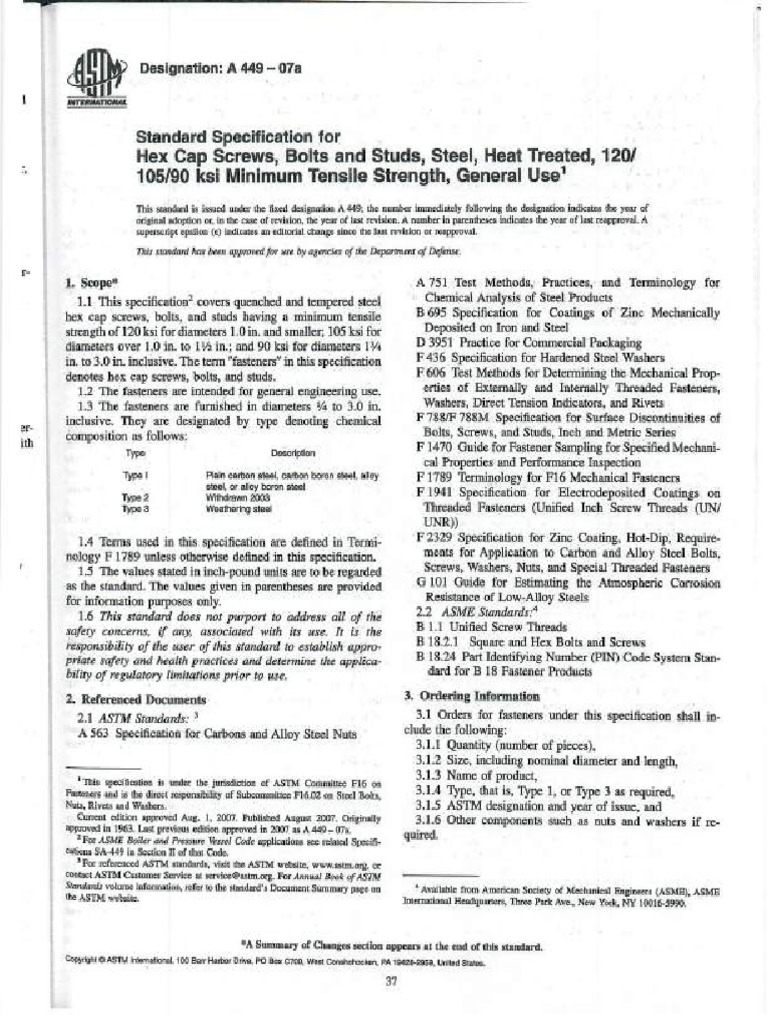 Astm-A449-Spec Hex Cap Screw Bolts and Studs, Steel, Heat Treated | PDF