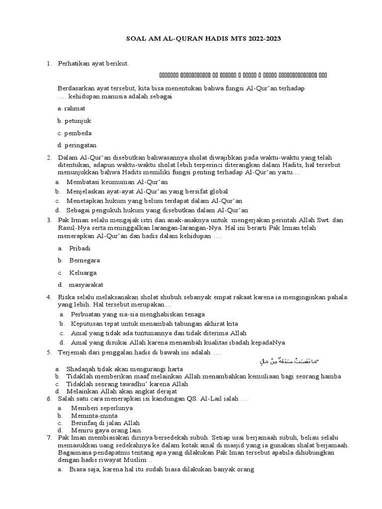 Soal Am Al Quran Hadist Mts 2022 2023 Pdf