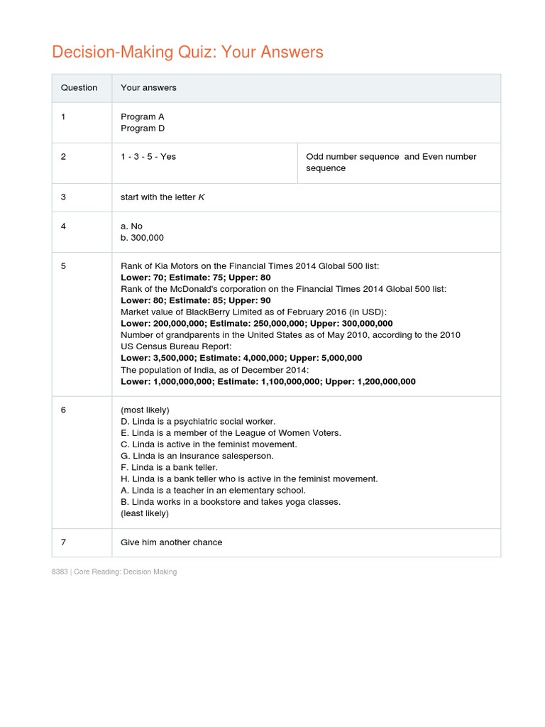 Decision-Making Quiz - Answers | PDF