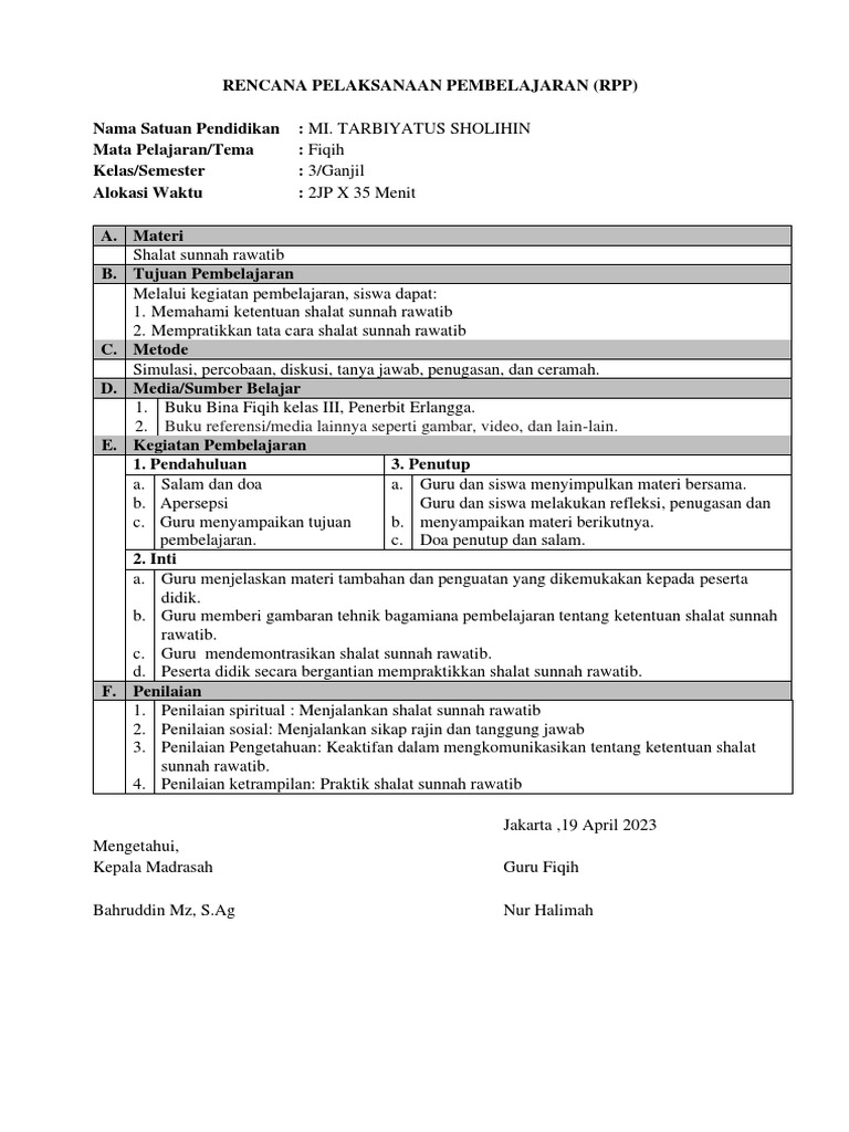 RPP Fiqih Kelas 3 Shalat Rawatib | PDF