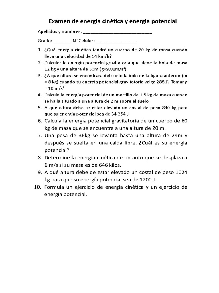 Examen de Energía Cinética y Energía Potencial | PDF