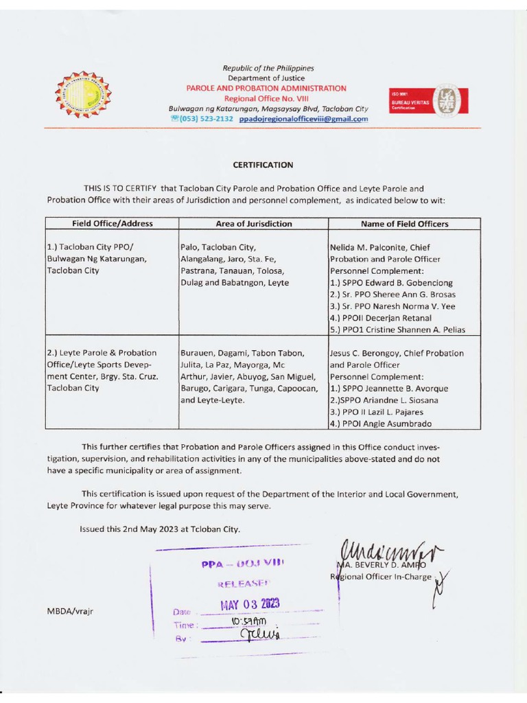 P037-2023-05-03-010 Certification Re Tacloban City Parole and Probation ...
