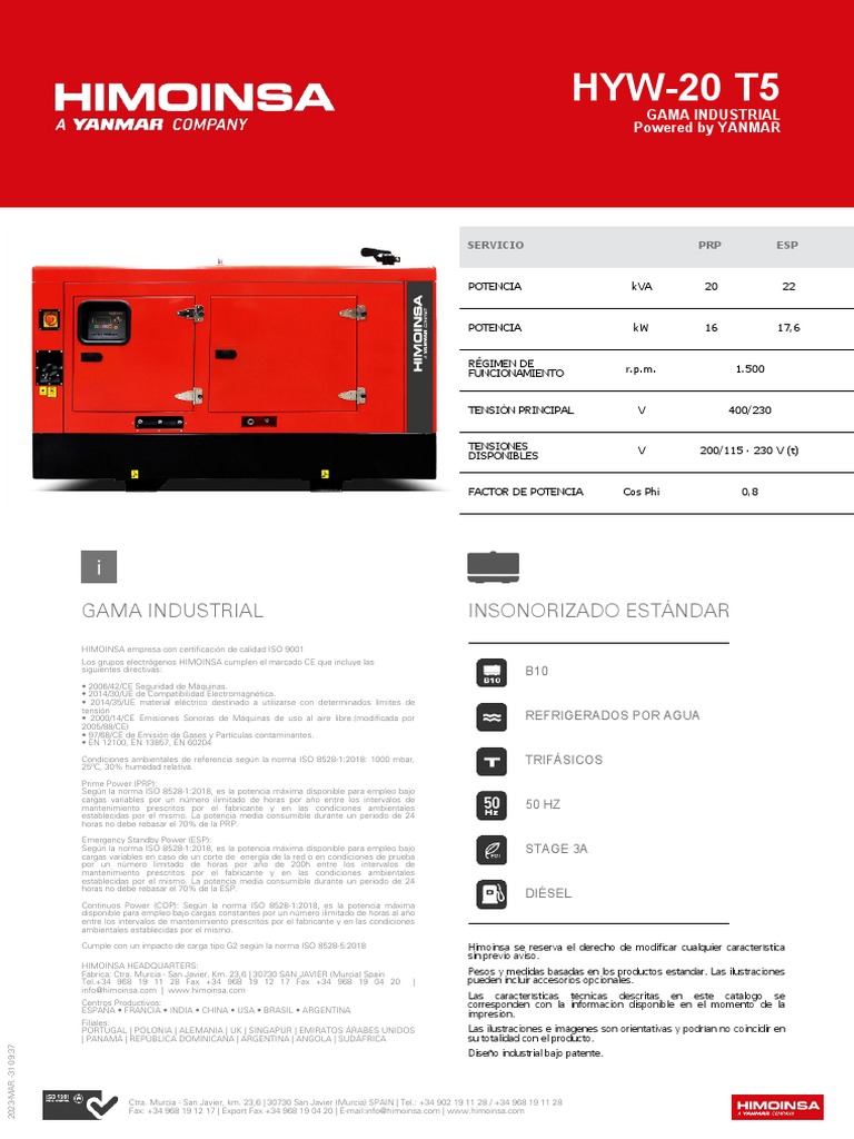 Ficha Tecnica Grupo Hyw 20 t5 Insonorizado Espanol | PDF | Energia electrica | Cantidad