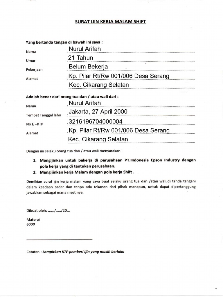 Surat Izin Shift Malam | PDF Surat Izin Shift Malam | PDF