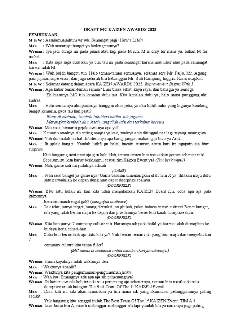 Draft MC Kaizen Awards 2023 | PDF