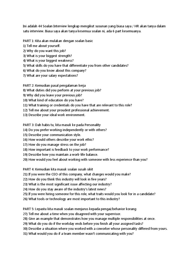 44 Pertanyaan Interview HRD | PDF | Communication | Organizational Behavior