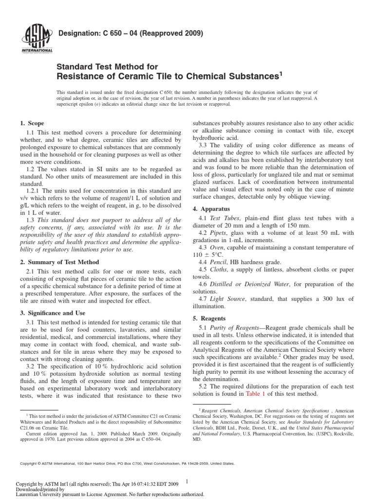 Resistance of Ceramic Tile To Chemical Substances: Standard Test Method ...