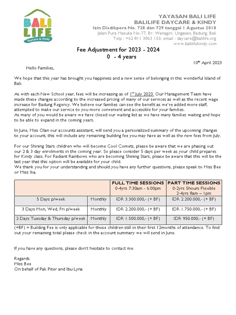 Fee Adjustment 2024 0-4yrs | PDF | Human Development