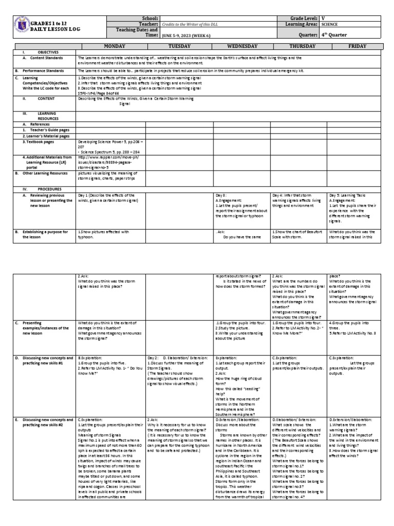 Grade 5 DLL SCIENCE 5 Q4 Week 6 | PDF | Tropical Cyclones | Wound