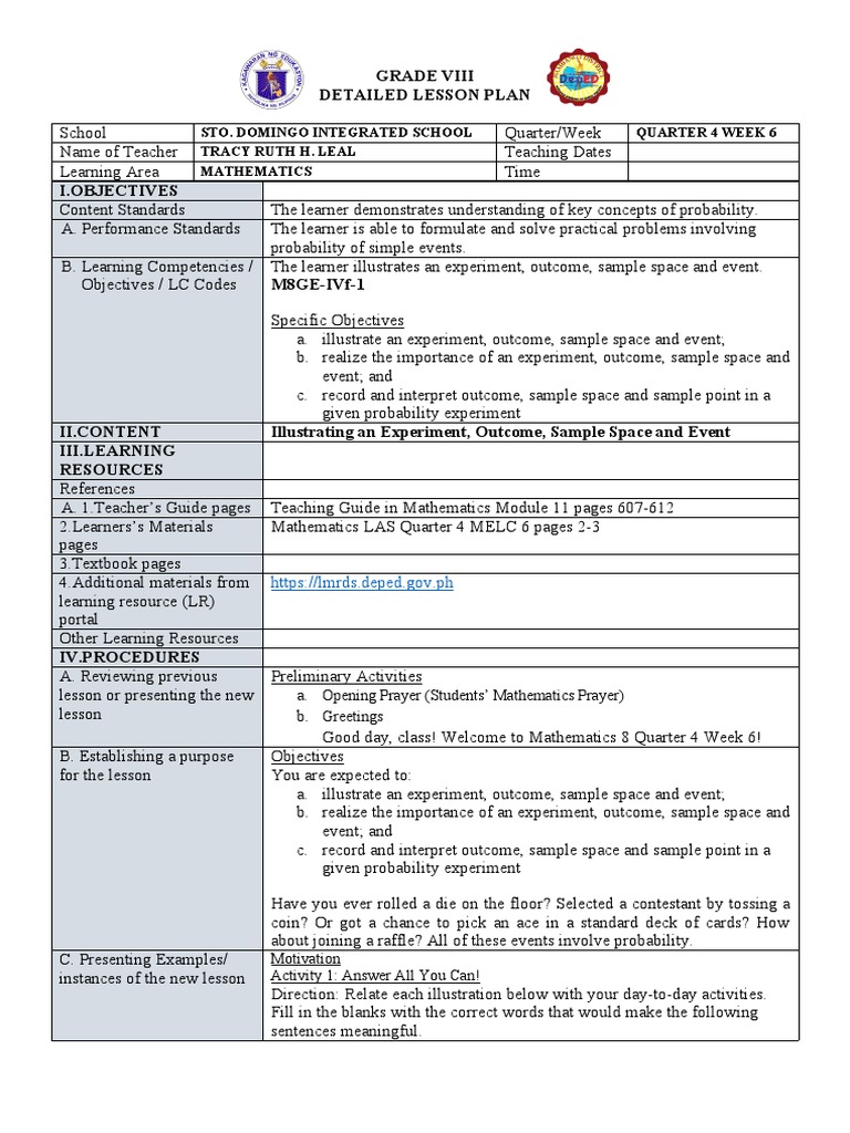 LP For Math8 Q4 W6 (Leal, Tracy Ruth) | PDF | Probability | Probability ...
