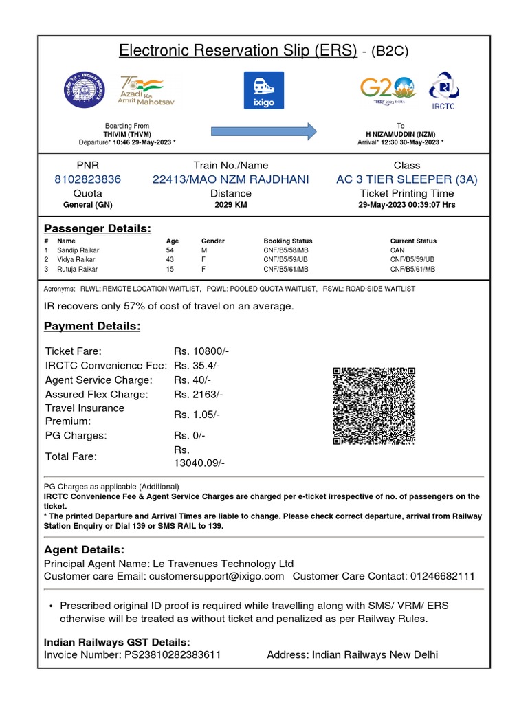 Electronic Reservation Slip (ERS) : 8102823836 22413/mao NZM Rajdhani ...