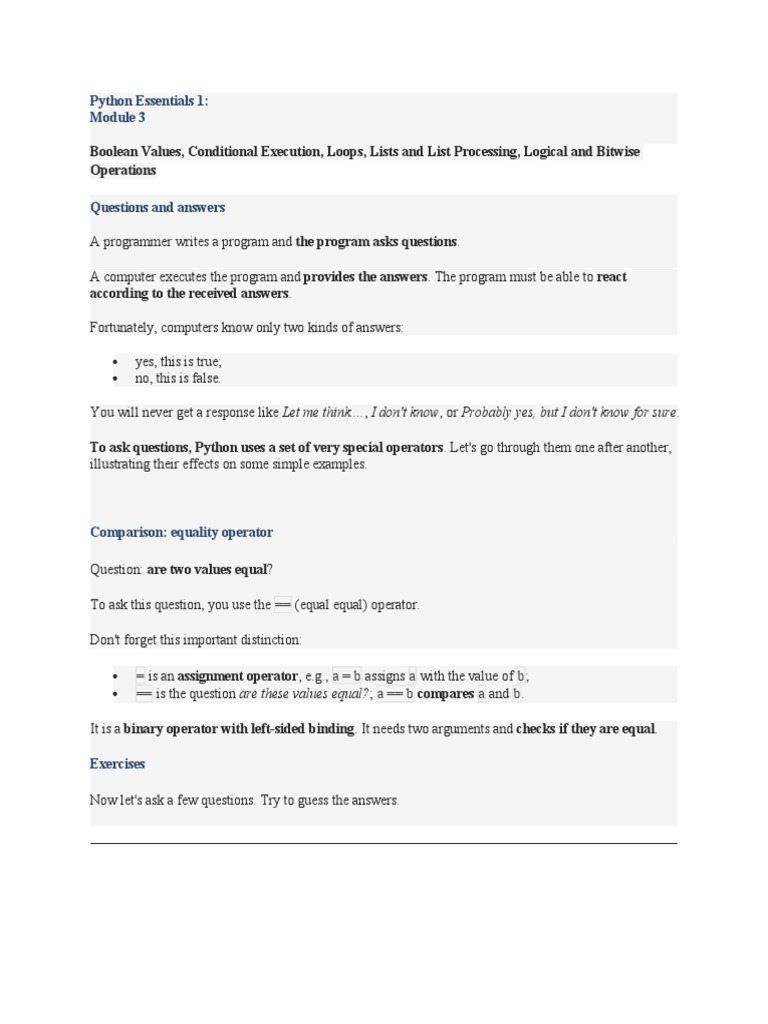 01 Boolean Values Conditional Execution Loops List Processing And Bitwise Operation Pdf