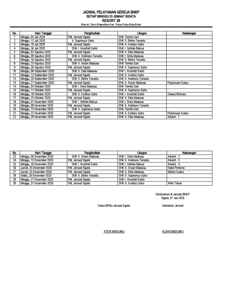 Jadwal Pelayanan Gereja BNKP | PDF