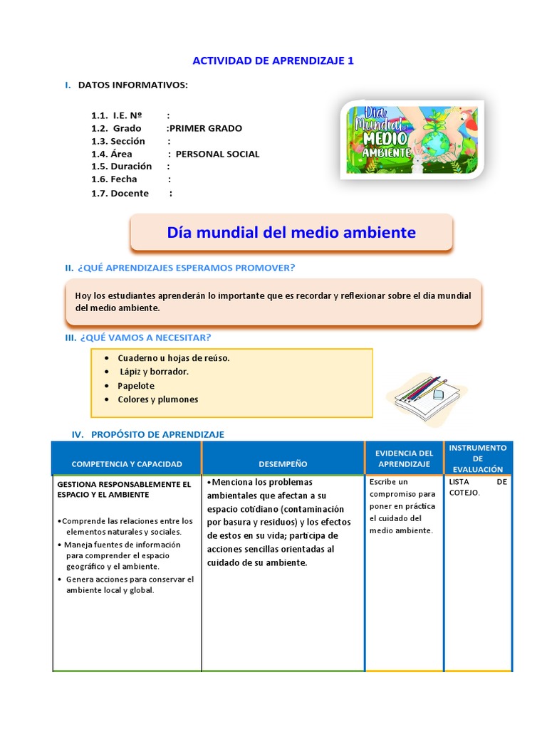 D1 A2 Sesion Ps. Dia Mundial Del Medio Ambiente | PDF