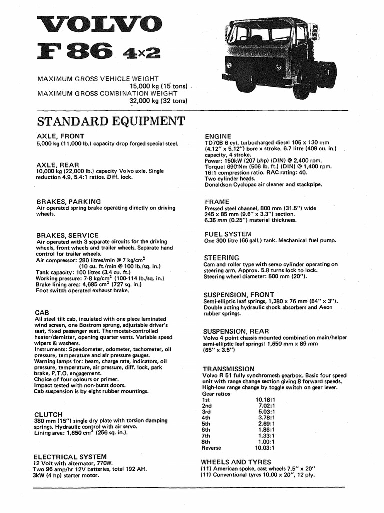 Volvo F86 Truck Specifications | PDF