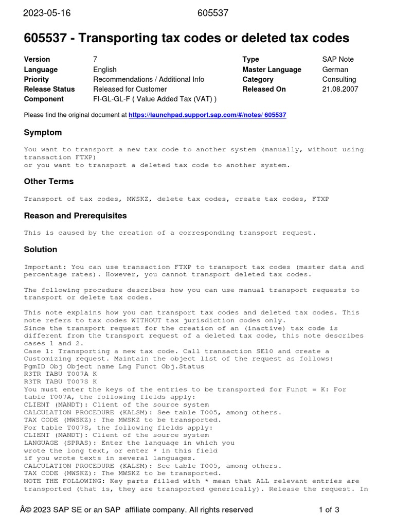 Transporting Tax Codes or Deleted Tax Codes: Symptom | PDF