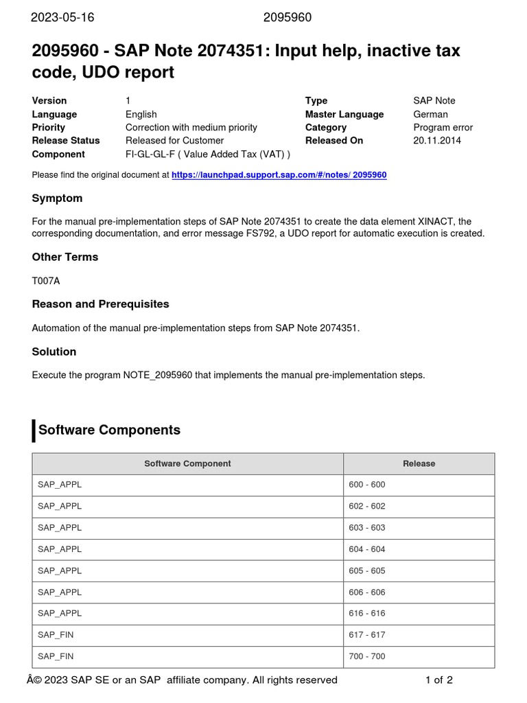 SAP Note 2074351: Input Help, Inactive Tax Code, UDO Report | PDF ...